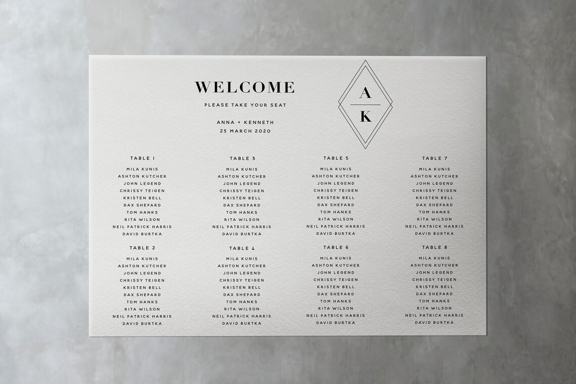 ERICA Monogram Minimalist Wedding Seating Chart Template – Customise ...