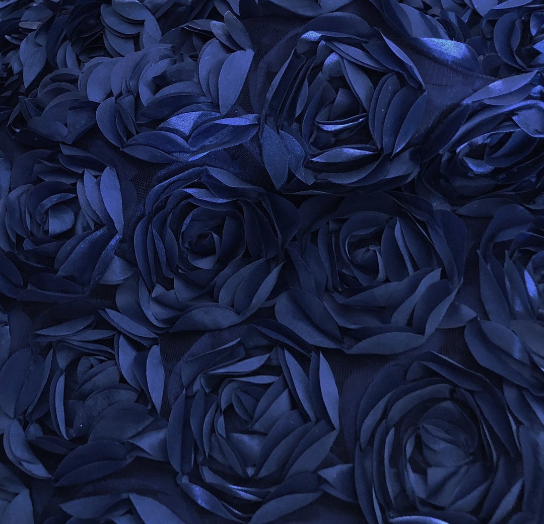 3D Rosette Fabric, Navy Blue Rosette on Mesh Fabric, 3D Rose Fabric ...