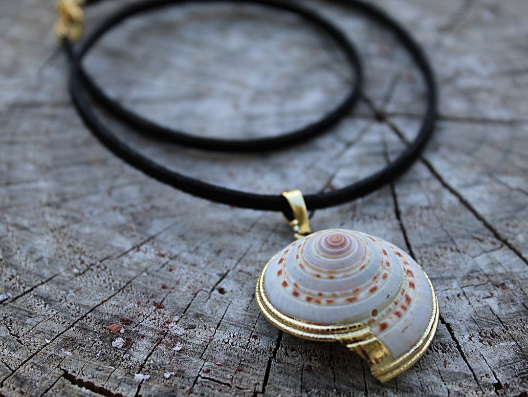 Gold Sea Shell Necklace, Gold Shell Pendant, Black Leather Necklace ...