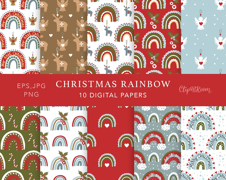 Christmas Rainbow Digital Paper, Rainbow Colors Digital Paper ...