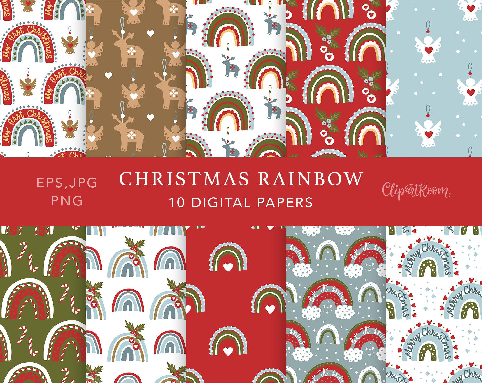 Christmas Rainbow Digital Paper, Rainbow Colors Digital Paper ...