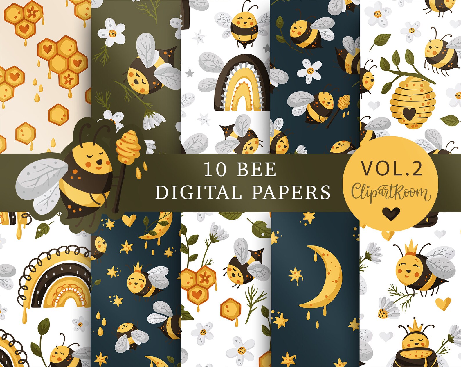 Bumble Bee Digital Paper Honey Bee Seamless Digital Patterns Colorful ...