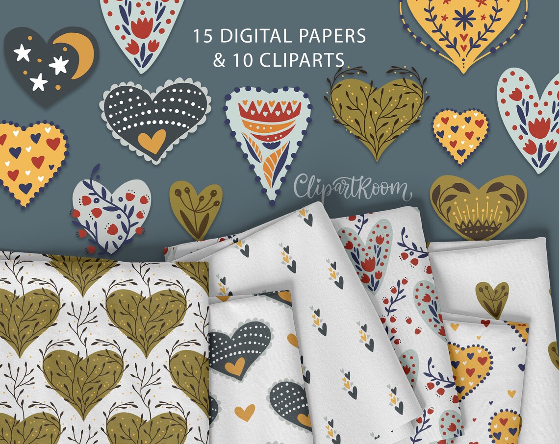 Cute Love Clipart and Valentines Digital Paper, Seamless Digital ...