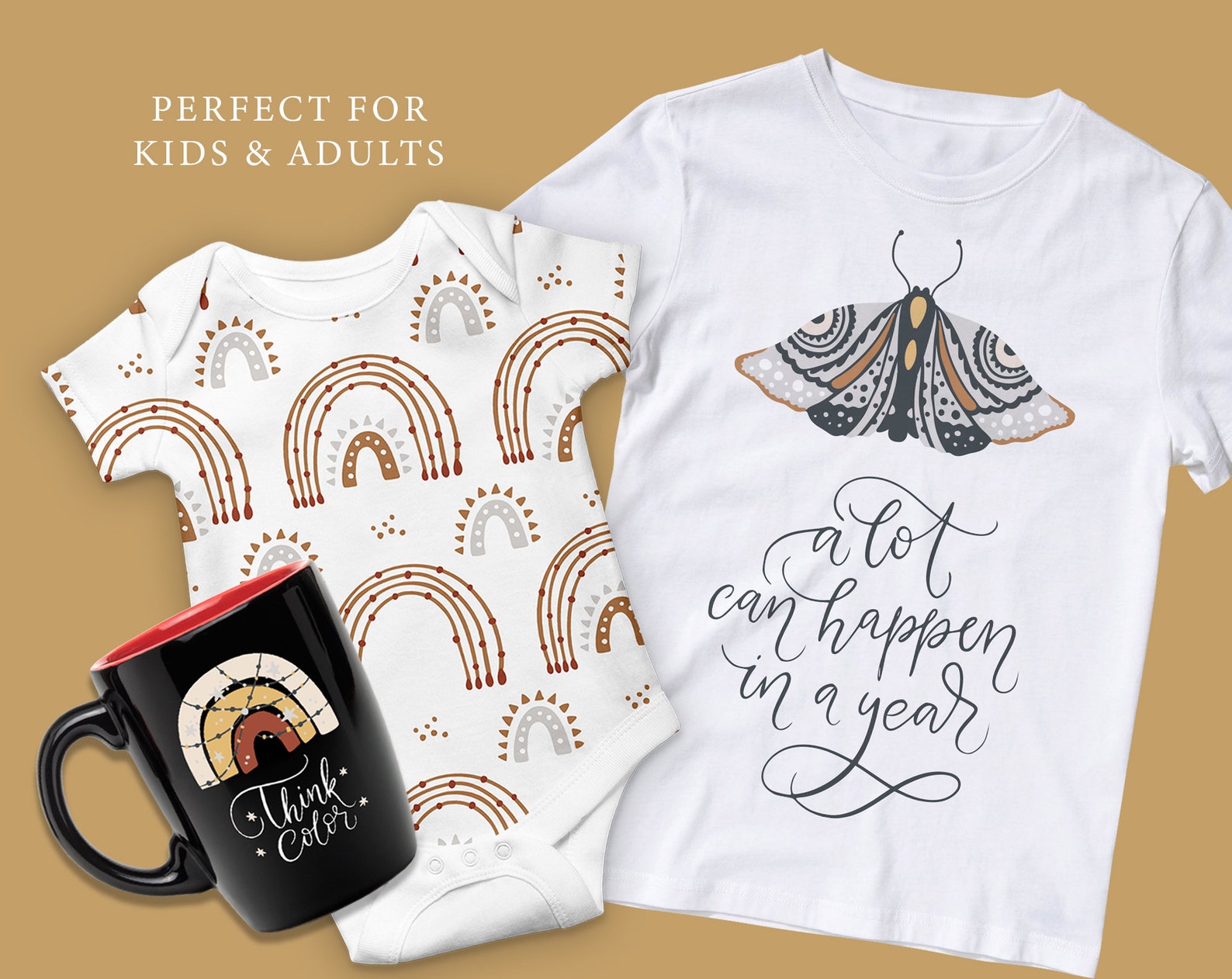 Boho Clipart & Boho Digital Paper Pack With Rainbow Clipart, Butterfly ...