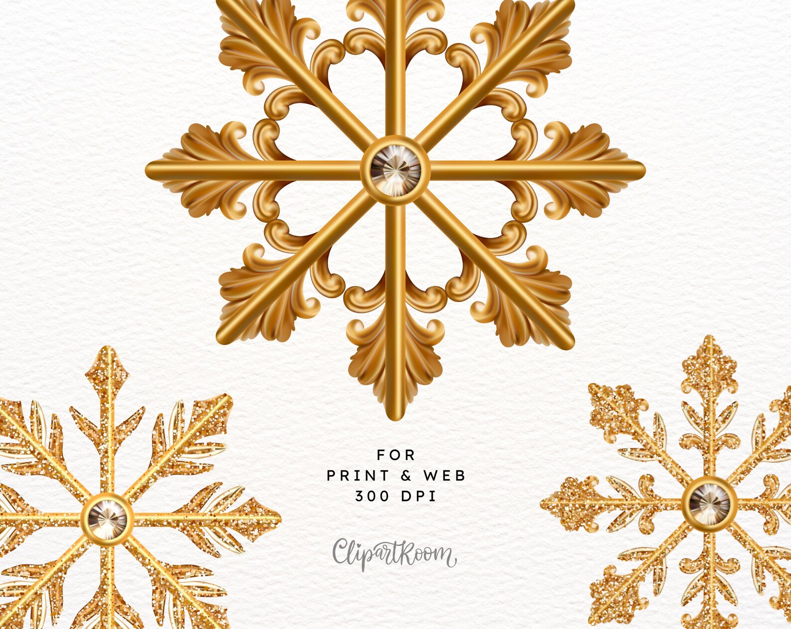 Gold Glitter Snowflake Clipart Bundle: Retro Christmas PNG (digital ...