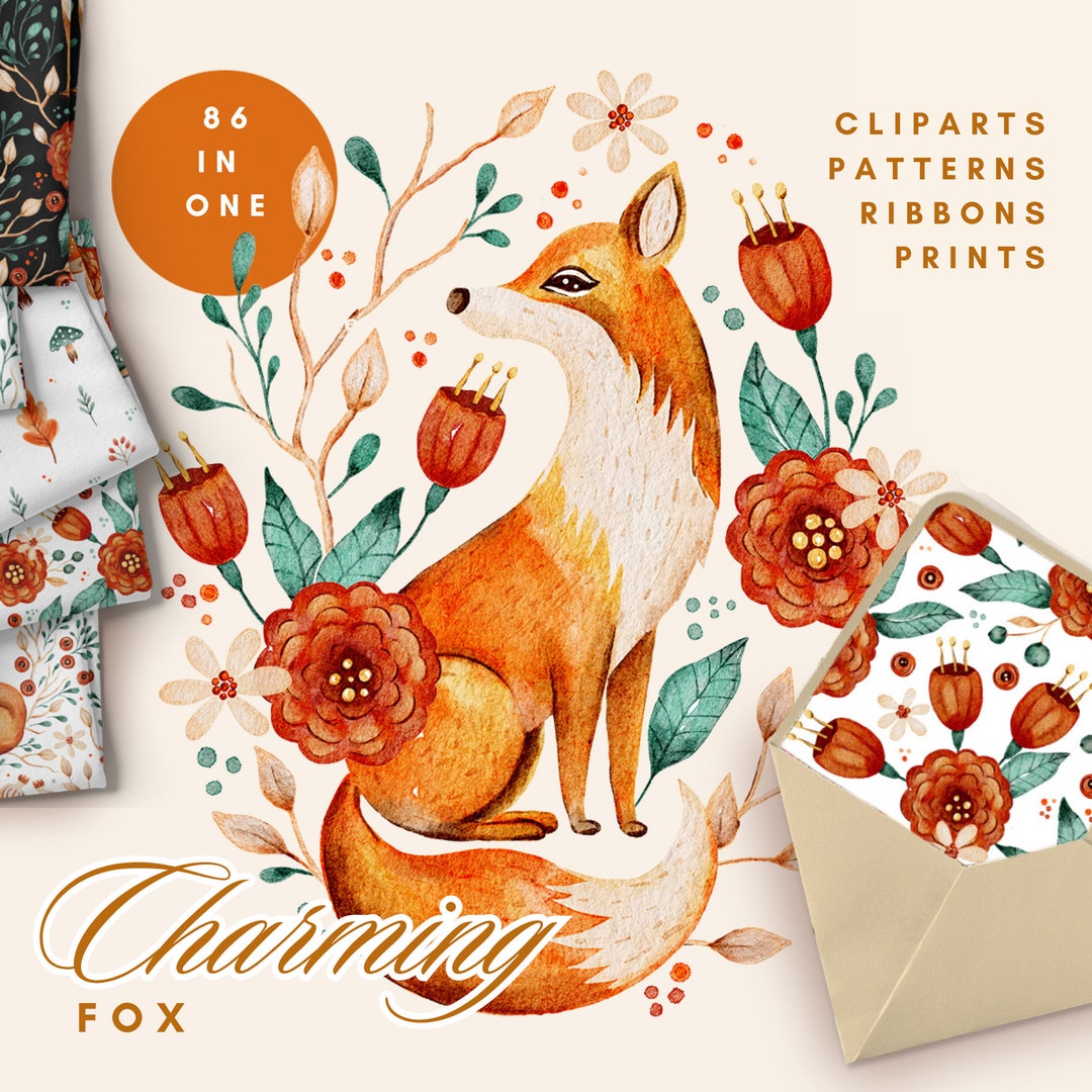 Fox Print Fall Png Bundle Autumn Clipart Watercolor Art Fall Digital ...