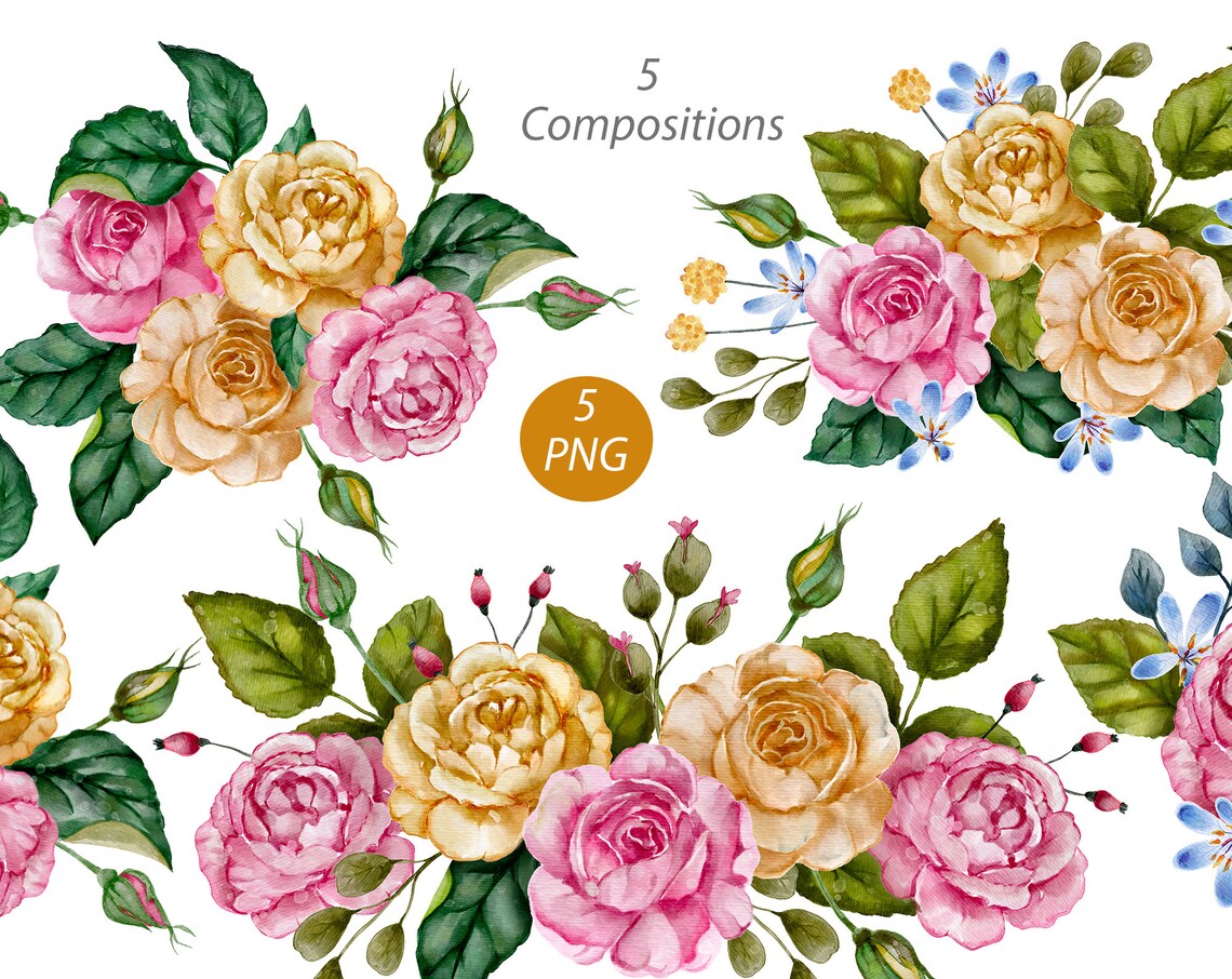 Watercolor Rose Clipart Flower Clip Art Handmade Watercolor - Etsy