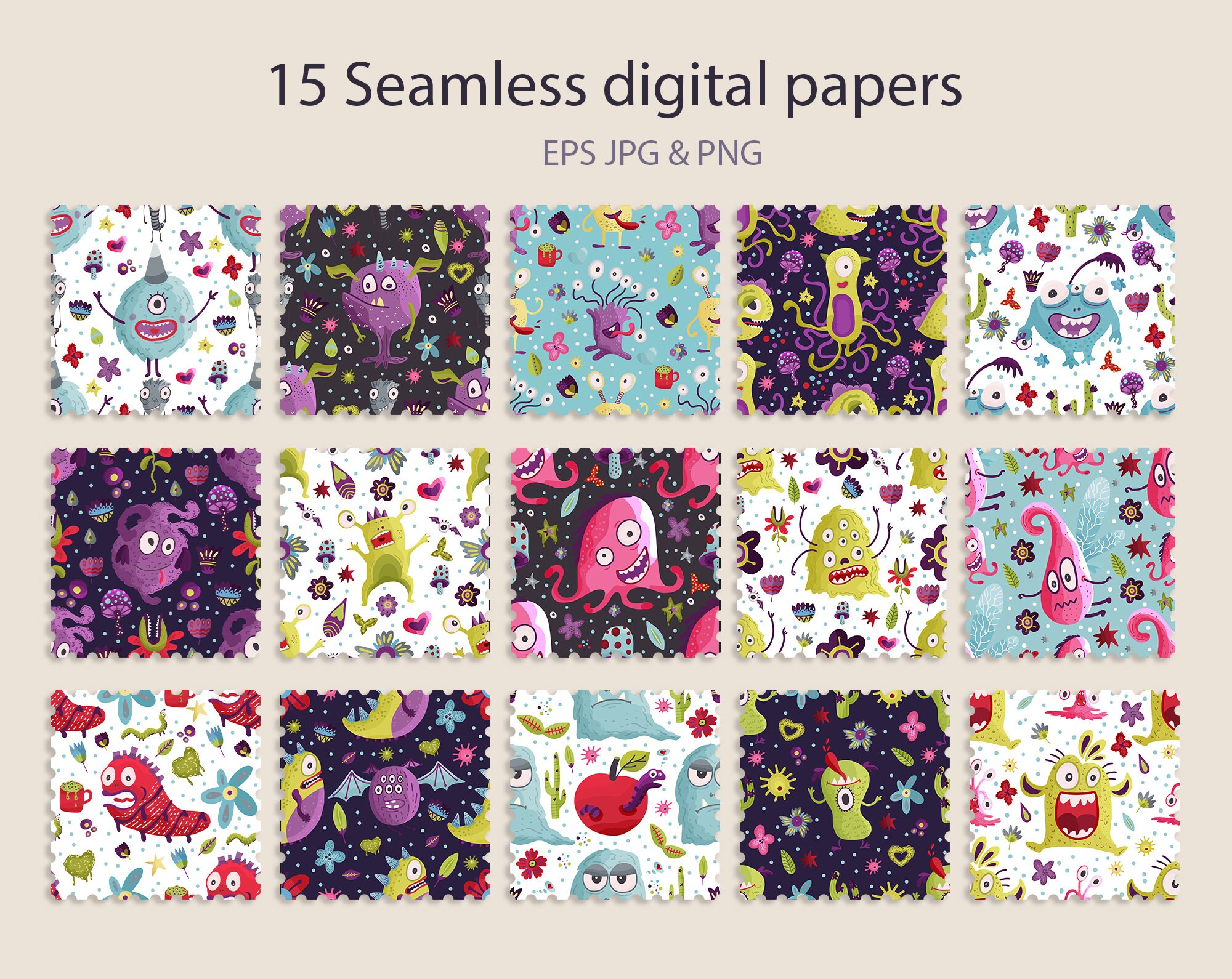 Monster Party Baby Shower Digital Paper Nursery Art Cute Monster ...