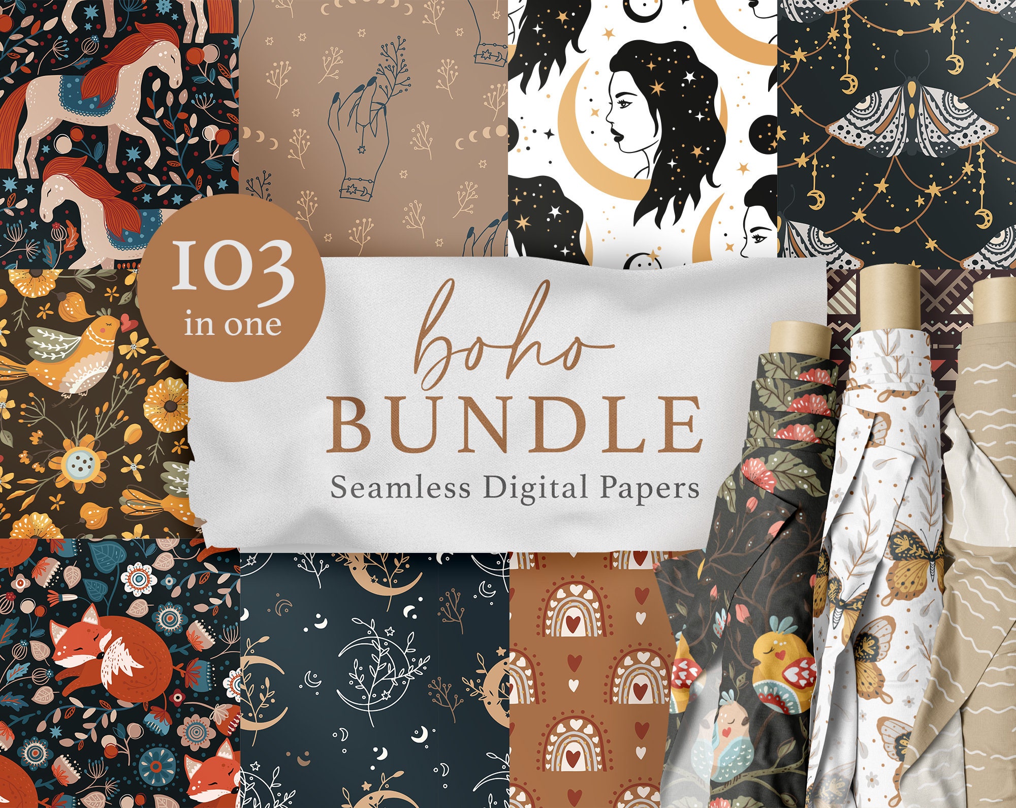 Boho Digital Paper Bundle Retro Digital Paper Chic Seamless Pattern ...