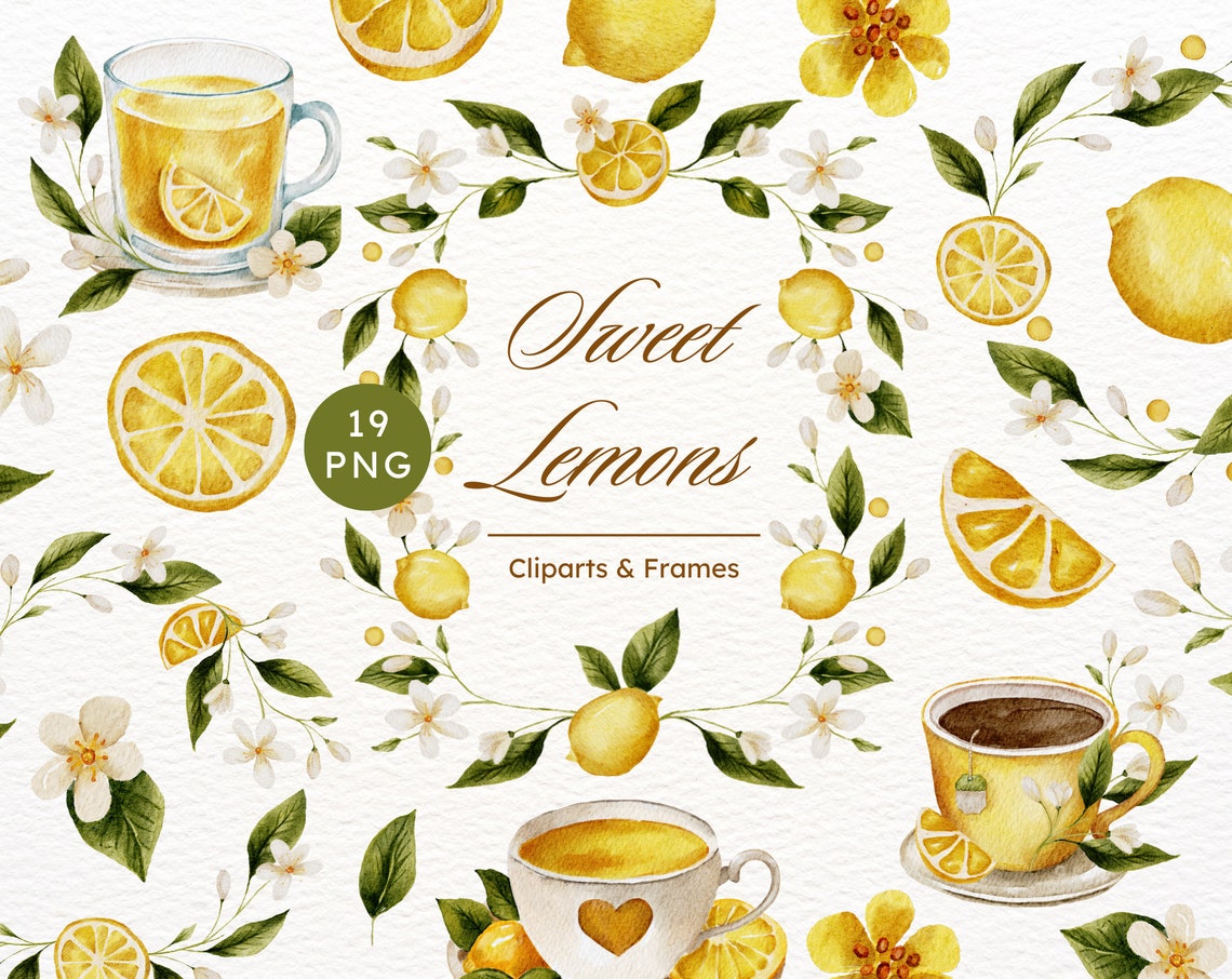 Watercolor Lemon Clipart: Floral Wreath Frames (PNG, JPG) - Etsy