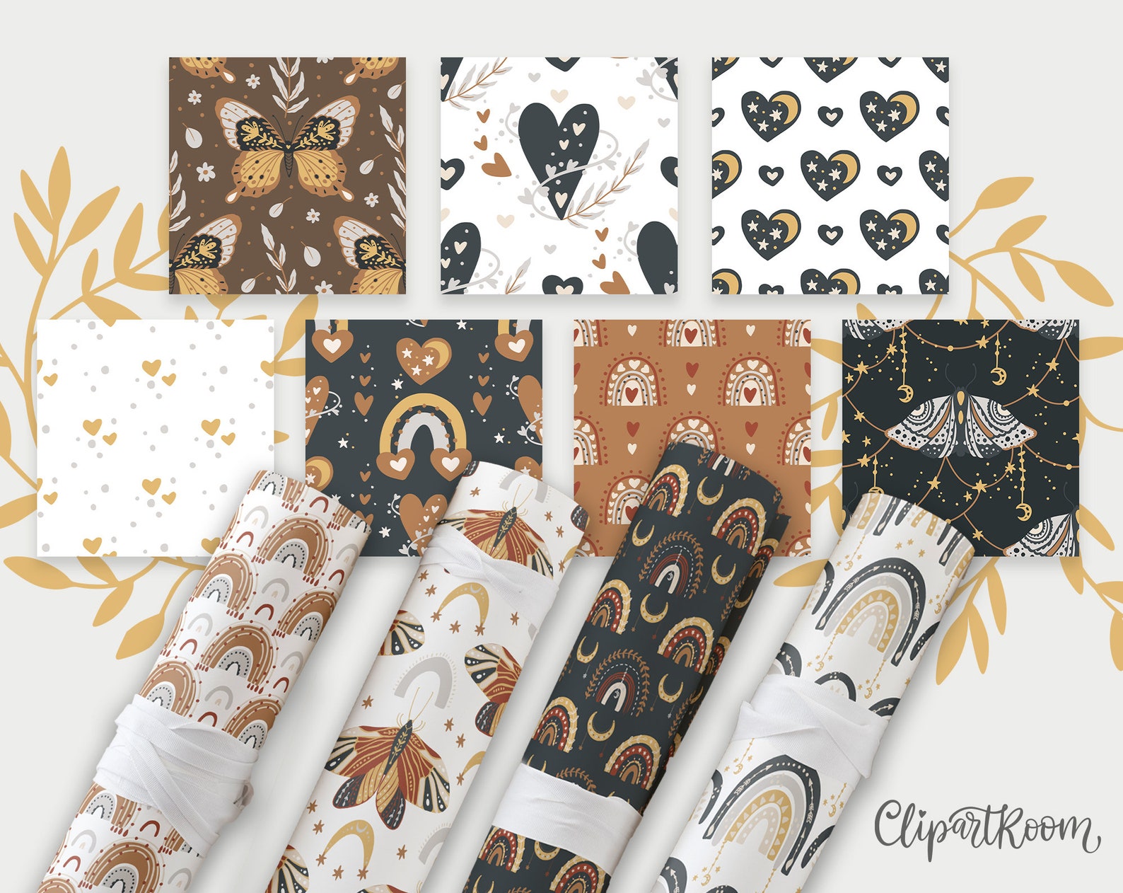 Boho Clipart & Boho Digital Paper Pack With Rainbow Clipart, Butterfly ...