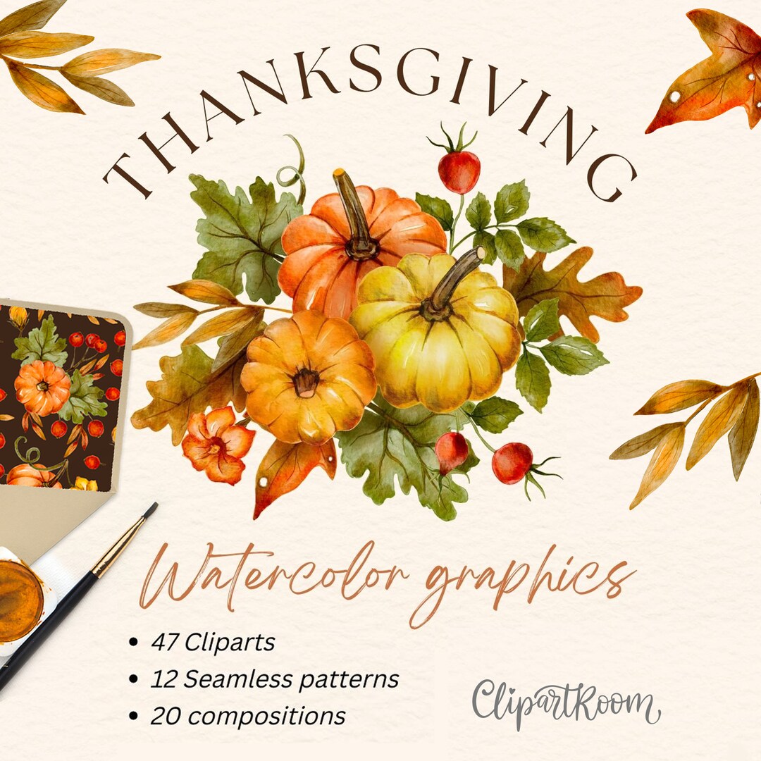 Thanksgiving Watercolor Clipart Bundle: Pumpkin, Turkey, Fall Florals ...