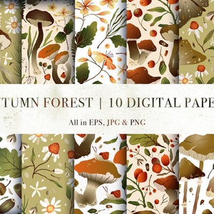 Fall Digital Paper, Mushroom & Daisy Digital Paper Seamless Pattern ...