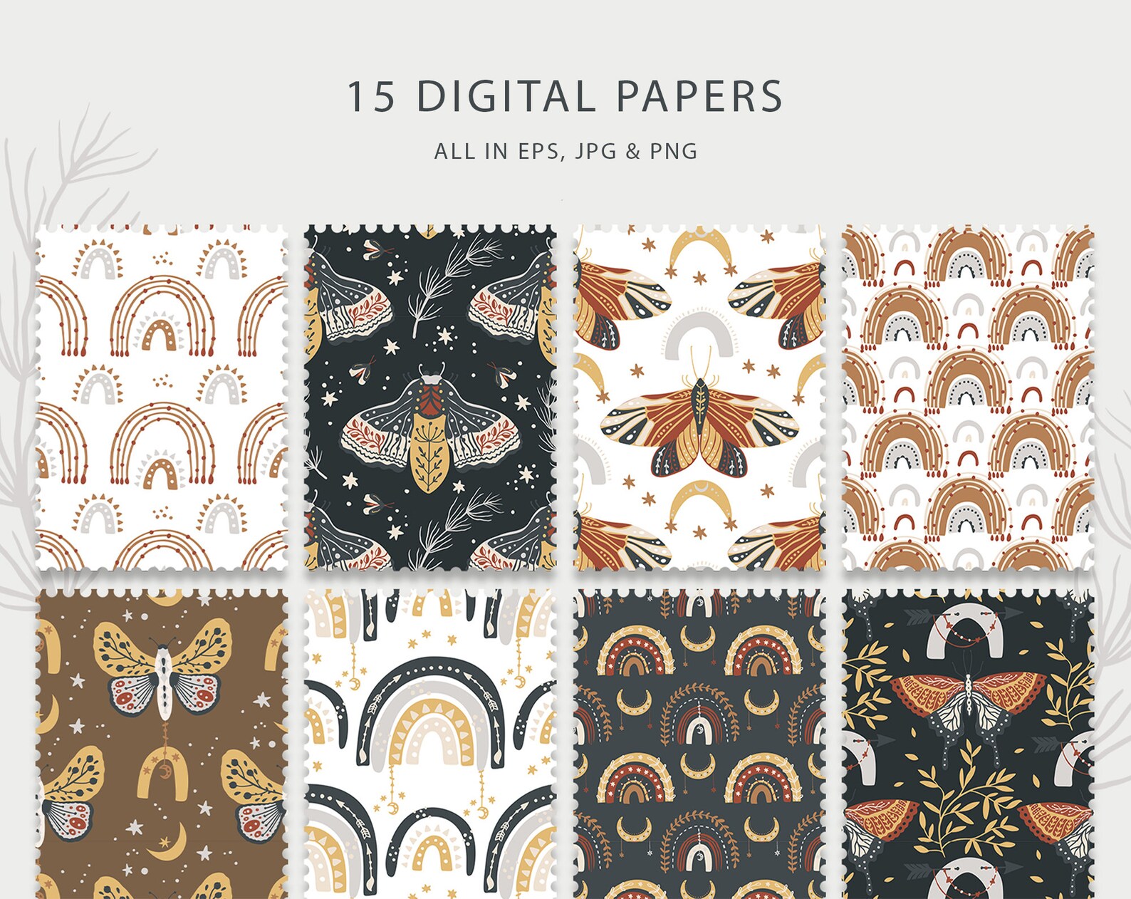 Boho Clipart & Boho Digital Paper Pack With Rainbow Clipart, Butterfly ...