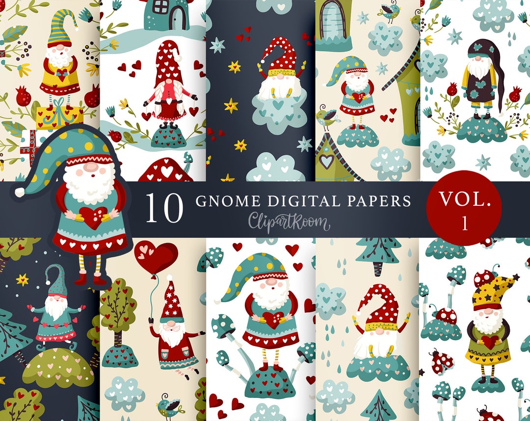 Valentine Gnome Baby Shower Digital Paper Nordic Gnome Patterns ...