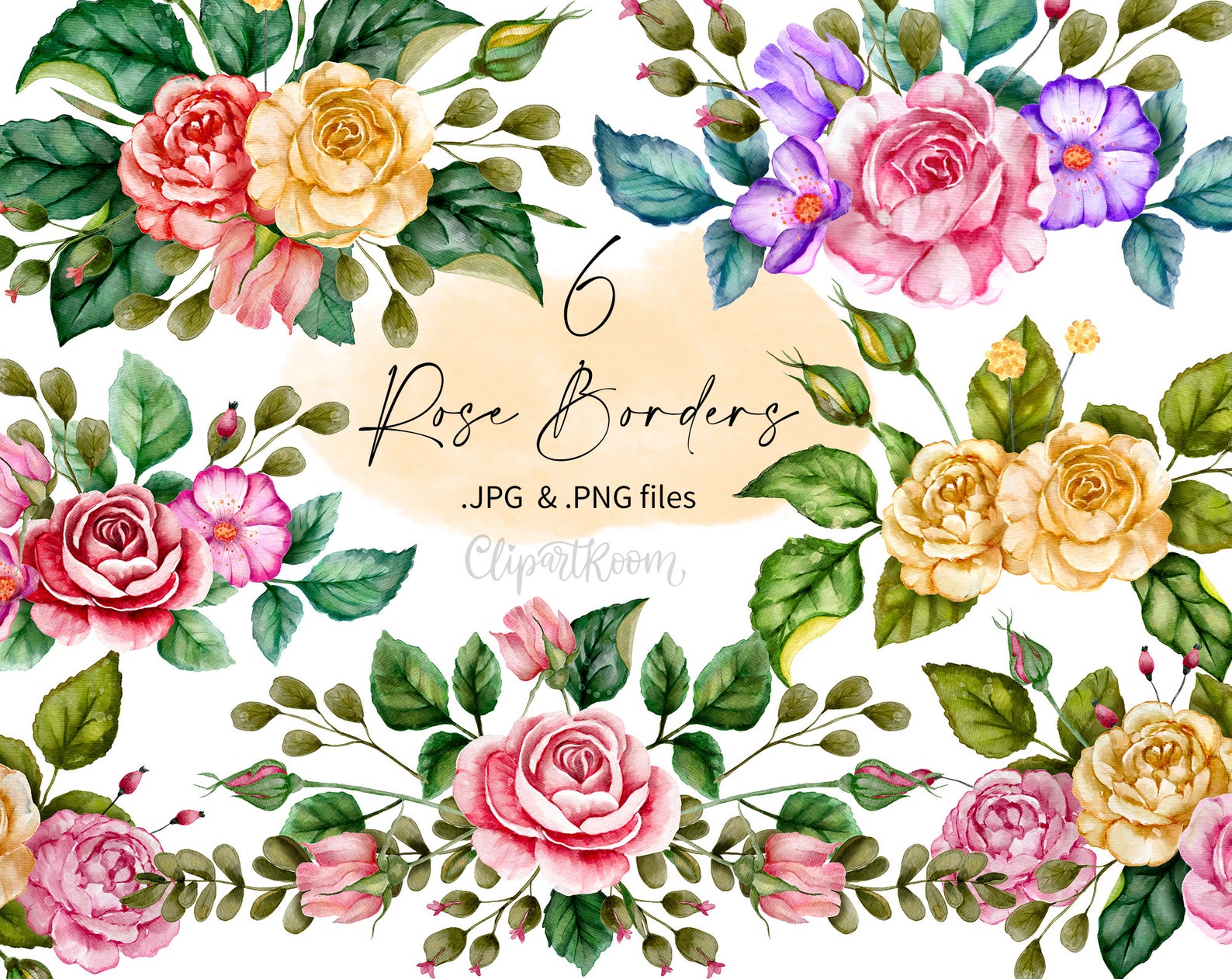 Watercolor Pink Roses Flower Border Clipart Watercolor Rose Clipart ...