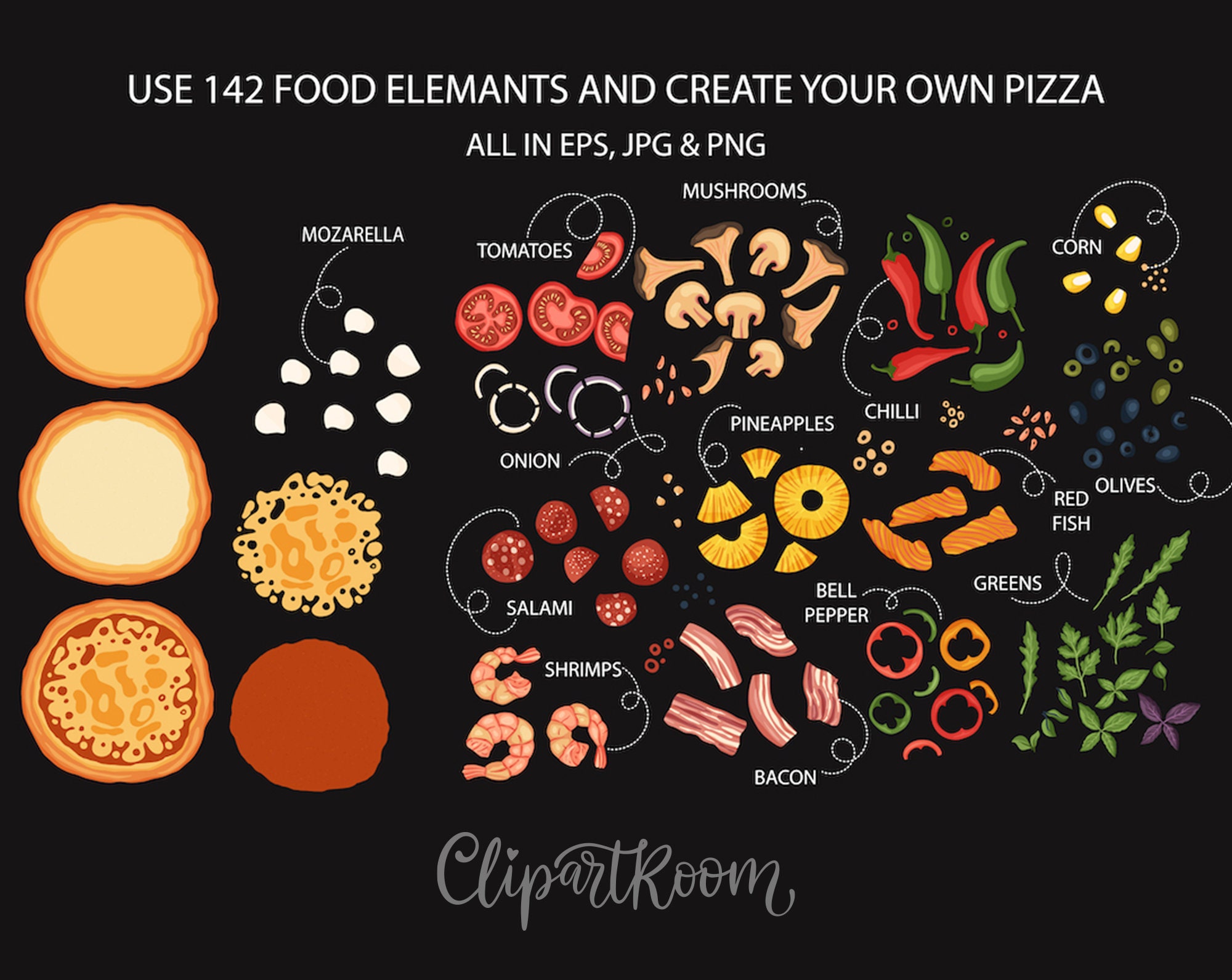 Cute Pizza Print Food Clipart Italian Art Food Backdrop Food Kit ...