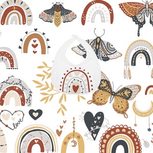 Boho Clipart & Boho Digital Paper Pack With Rainbow Clipart, Butterfly ...