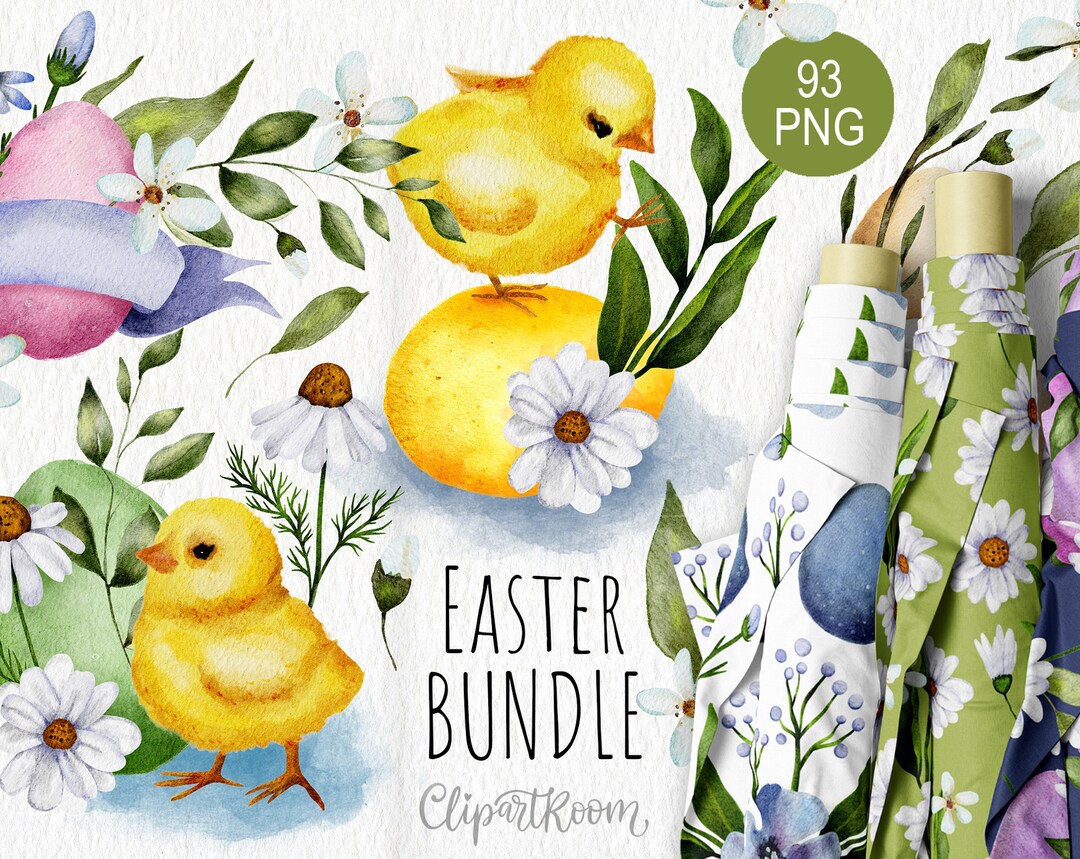 Watercolor Easter Clipart: Floral Frames, Chicken & Egg PNG Bundle - Etsy