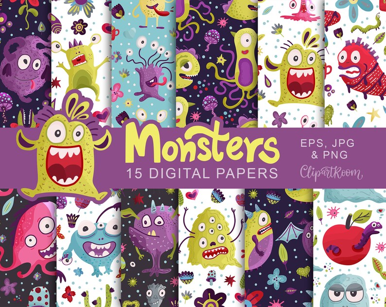 Monster Party Baby Shower Digital Paper Nursery Art Cute Monster ...