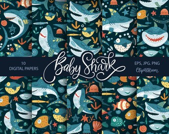 Shark Digital Paper Clipart : shark Digital - Etsy