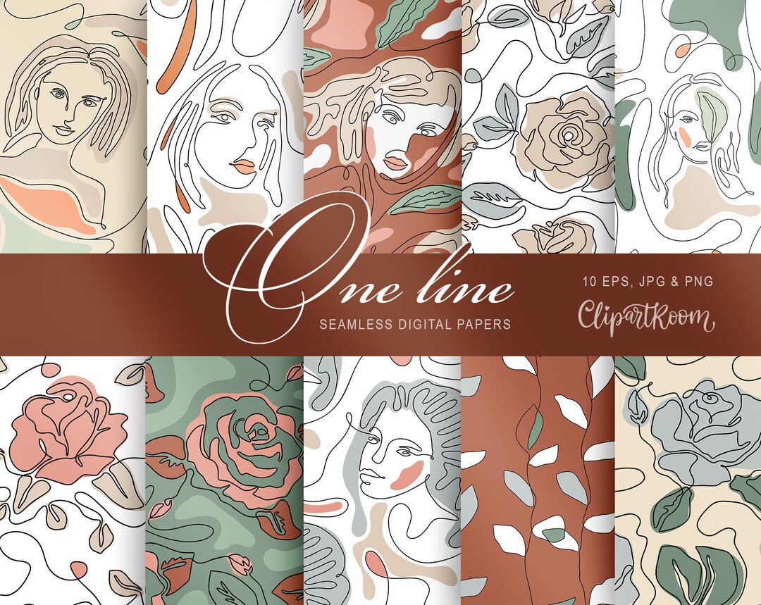 Boho One Line Art Digital Paper: Faces & Rose (EPS, JPG, PNG) - Etsy