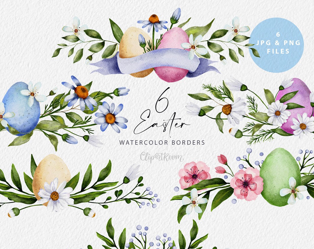 Watercolor Easter Floral Border Clipart: Egg & Flower Frame (digital ...