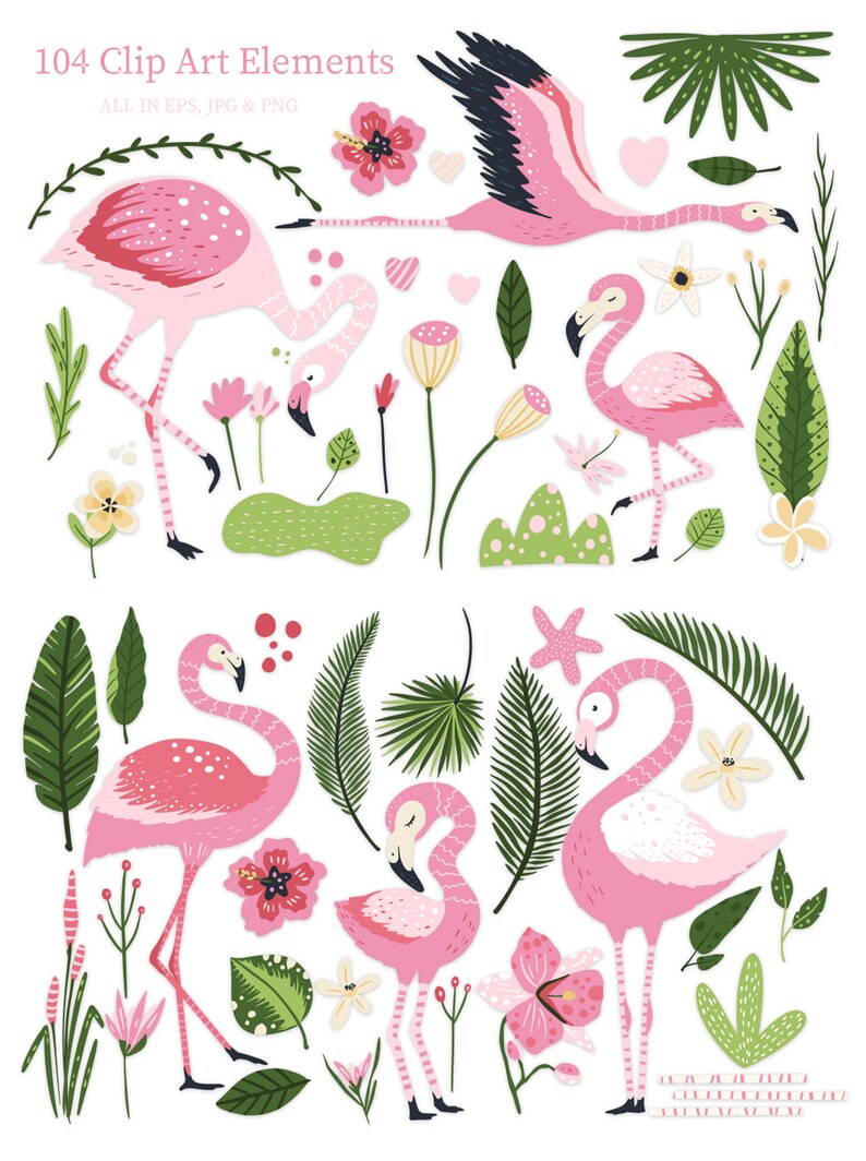 Flamingo Clipart, Summer Clipart With Flamingo Print, Cartoon Vector ...