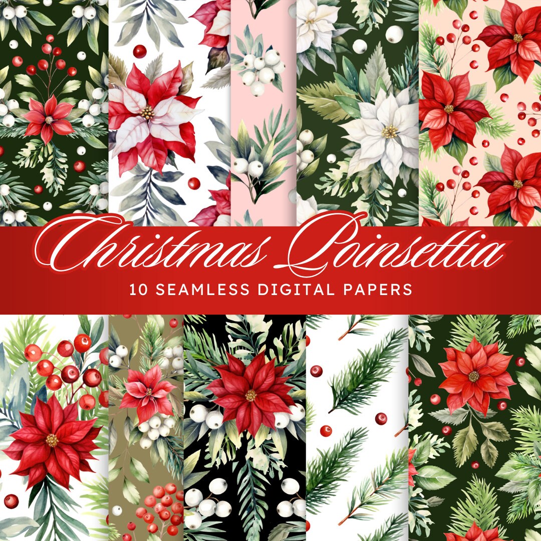Christmas Seamless Watercolor Digita Paper Christmas Flowers Poinsettia ...