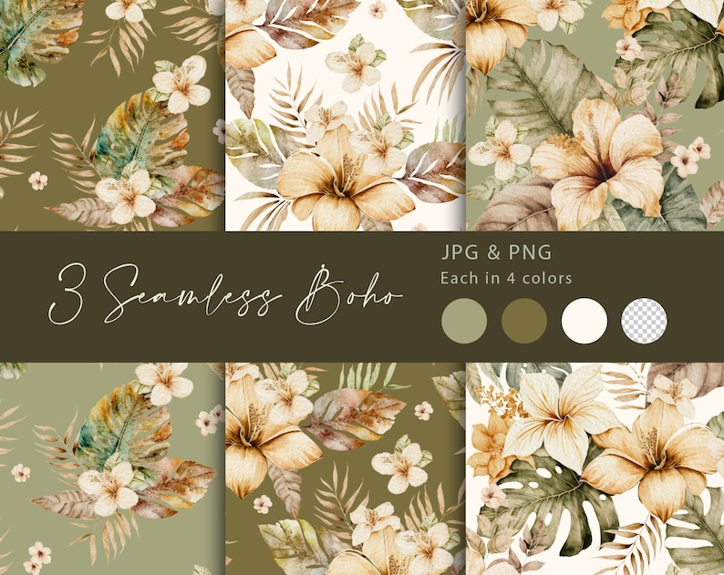 Boho Wallpaper Boho Digital Paper Watercolor Flower Tropical Art Boho ...
