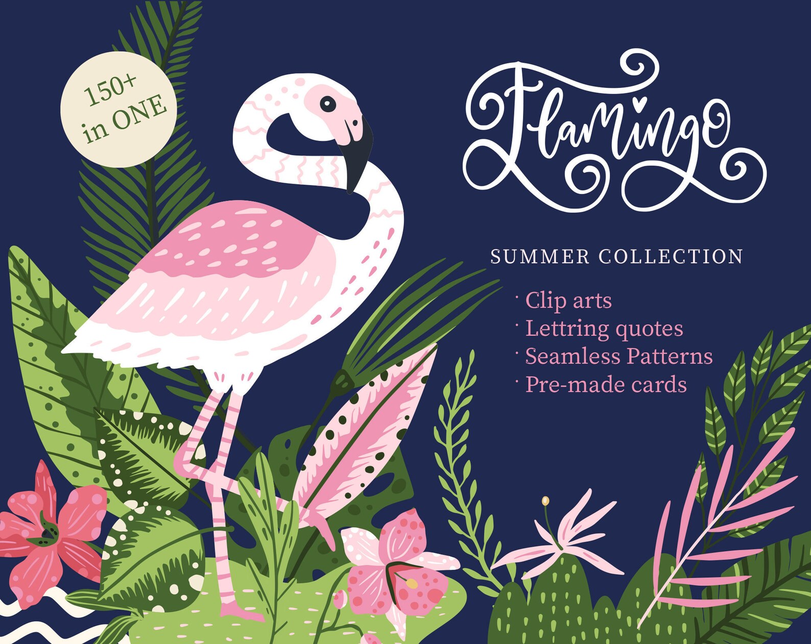 Flamingo Clipart, Summer Clipart With Flamingo Print, Cartoon Vector ...