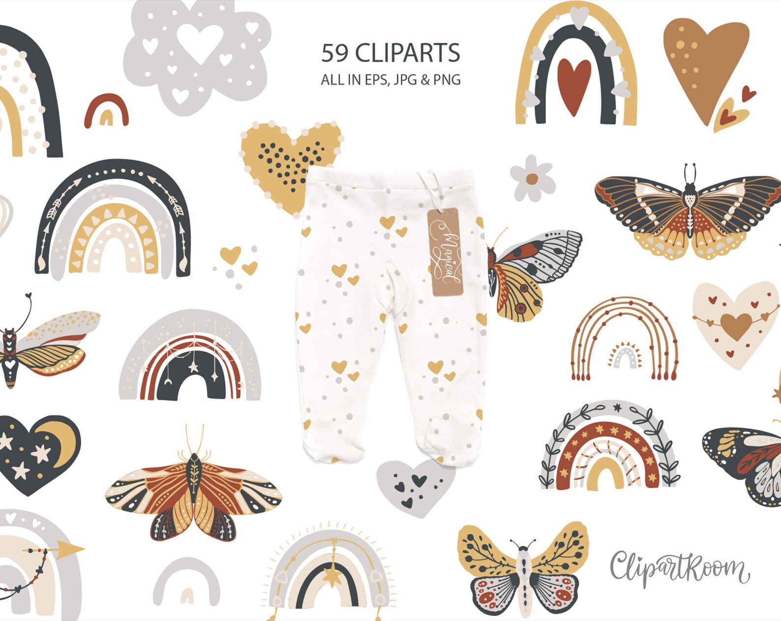 Boho Clipart & Boho Digital Paper Pack With Rainbow Clipart, Butterfly ...