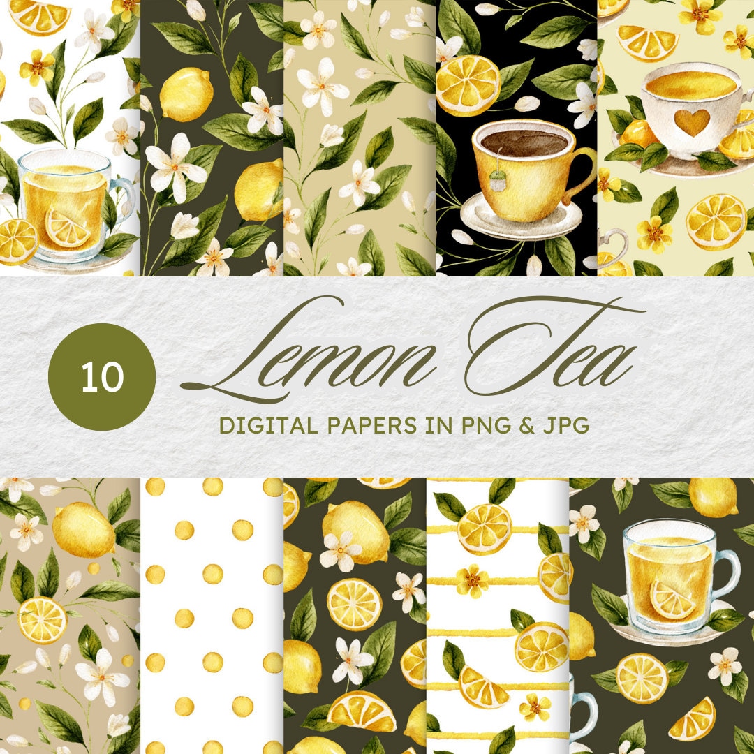 Lemon Print Lemon Digital Paper Watercolor Digital Paper Floral Digital ...
