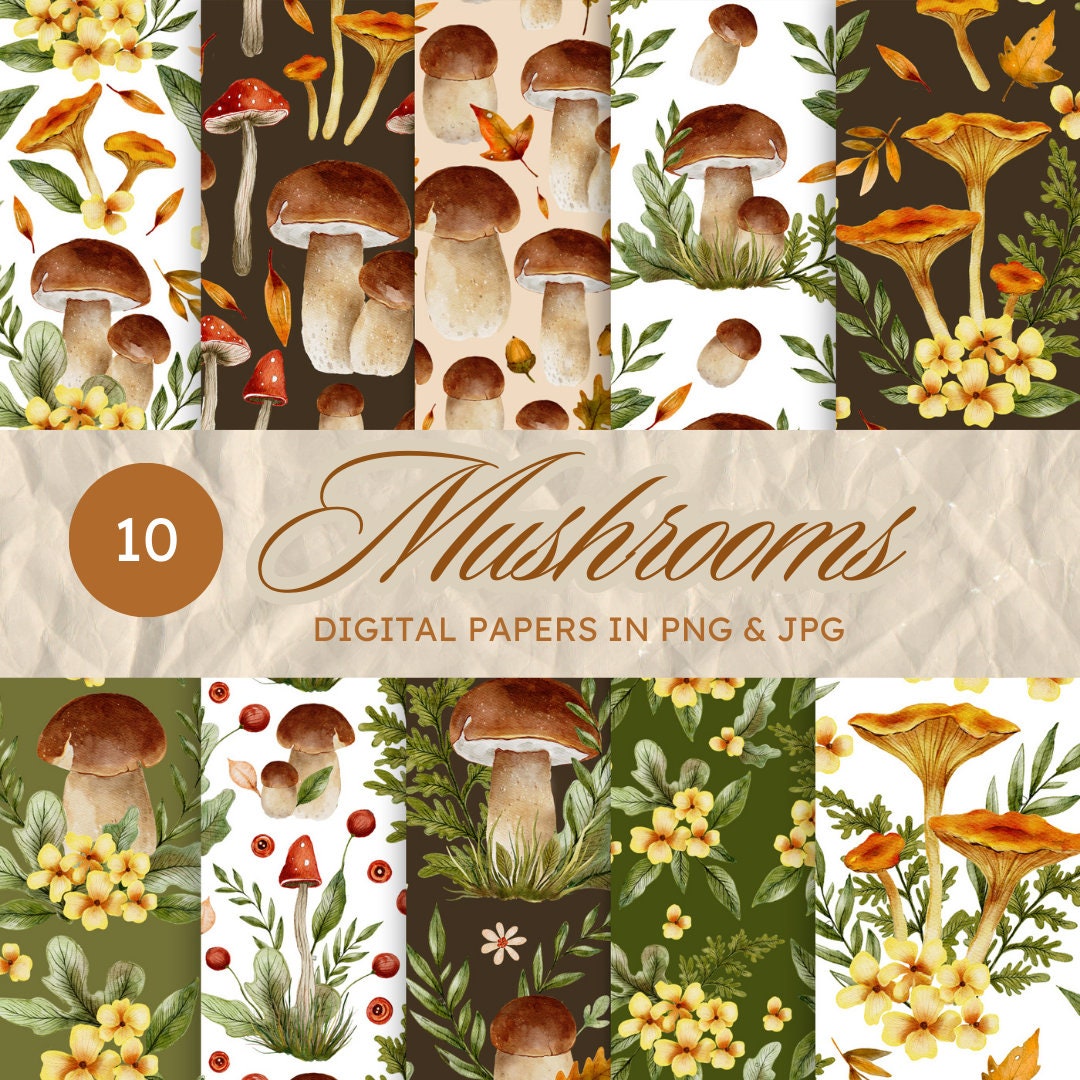 Cute Mushroom Clipart Watercolor Mushroom Digital Paper Autumn Digital ...