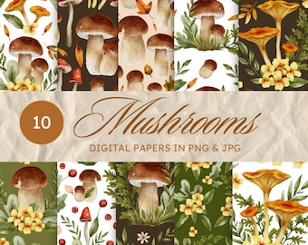 Watercolor Mushroom Seamless Pattern: Autumn Forest Digital Paper (PNG ...