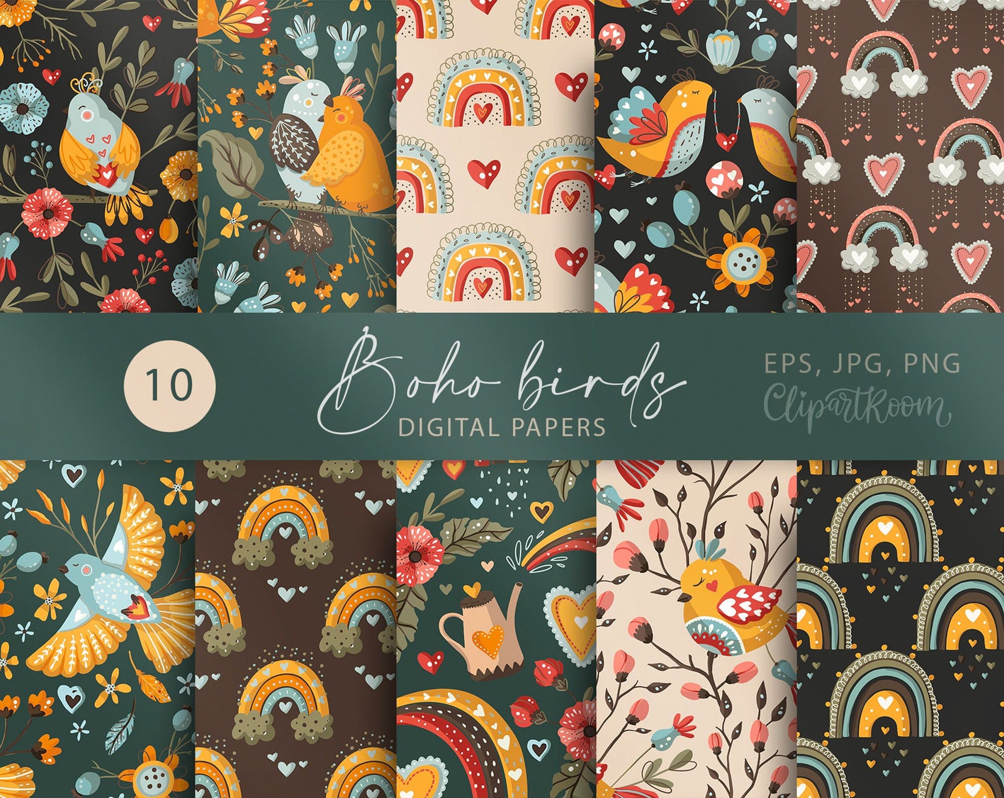 Boho Digital Paper Bundle Retro Digital Paper Chic Seamless Pattern ...