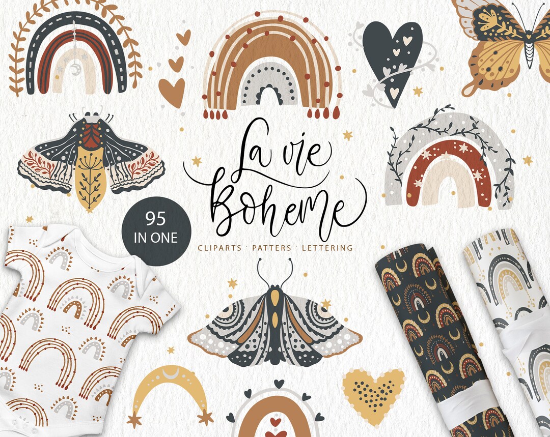 Boho Clipart & Boho Digital Paper Pack With Rainbow Clipart, Butterfly ...