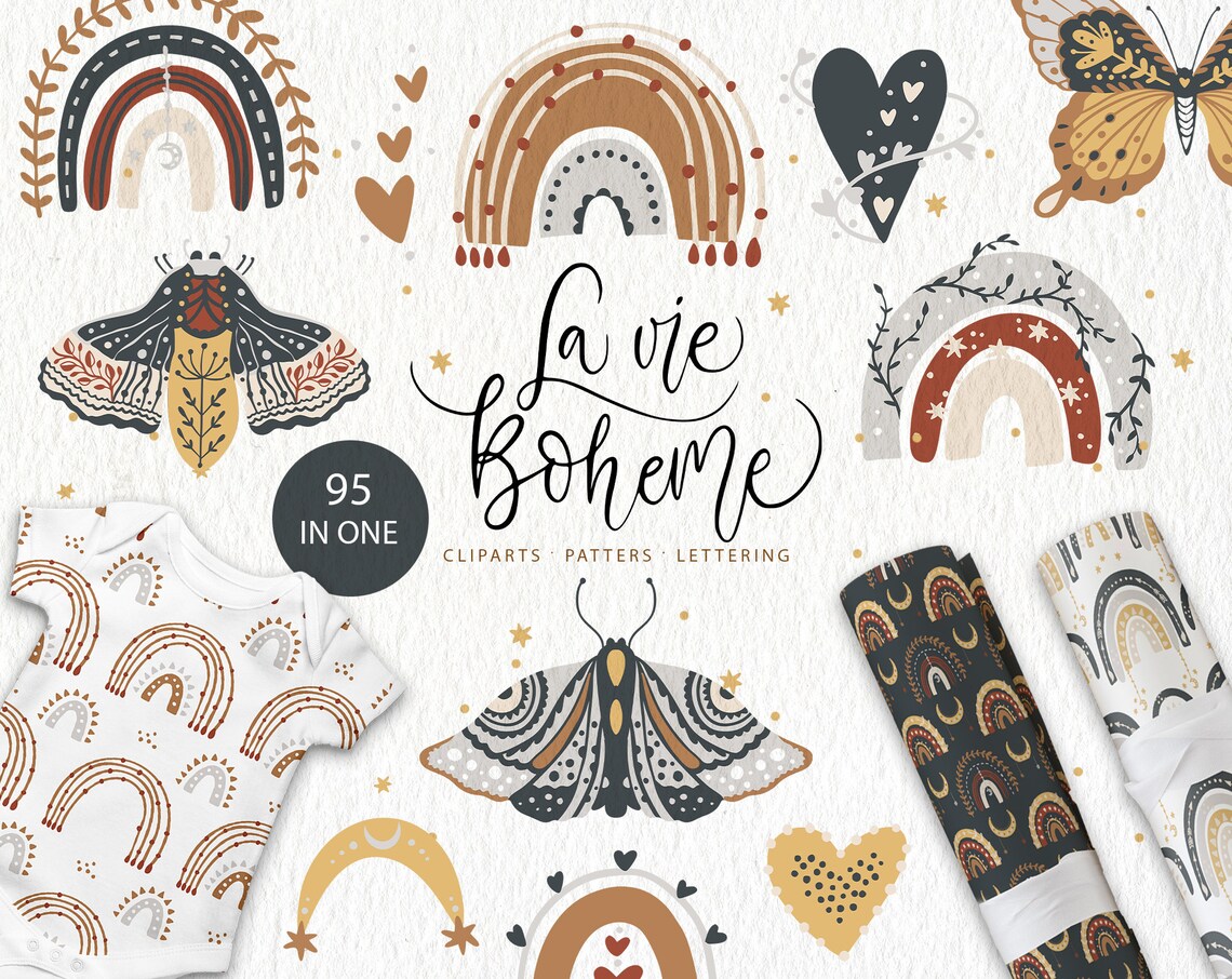 Boho Clipart & Boho Digital Paper Pack With Rainbow Clipart, Butterfly ...
