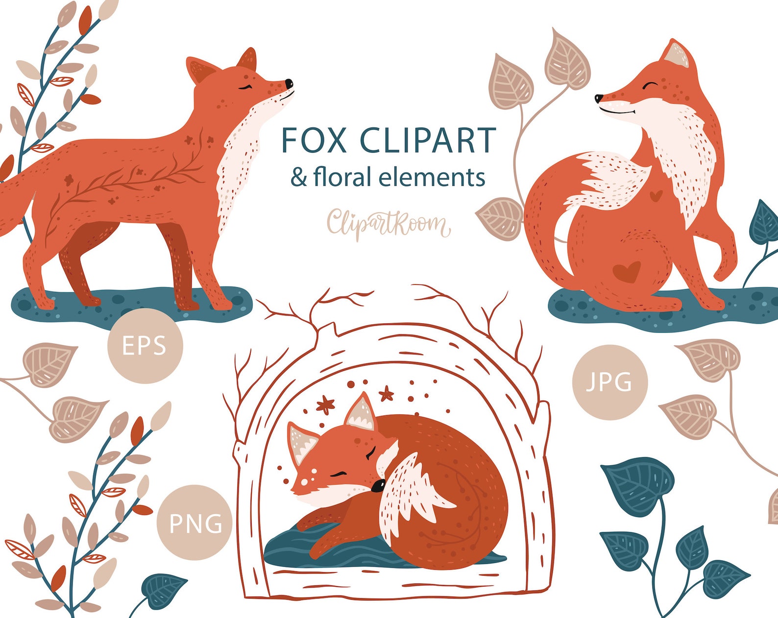 Fox Clipart, Fox Vector Art, Fox Art & Floral Graphic Animal Clipart ...