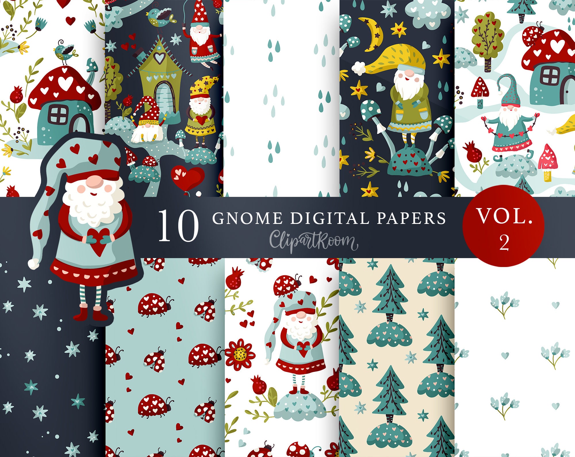 Gnome Patterns Seamless Digital Paper, Nordic Gnome Art Print ...