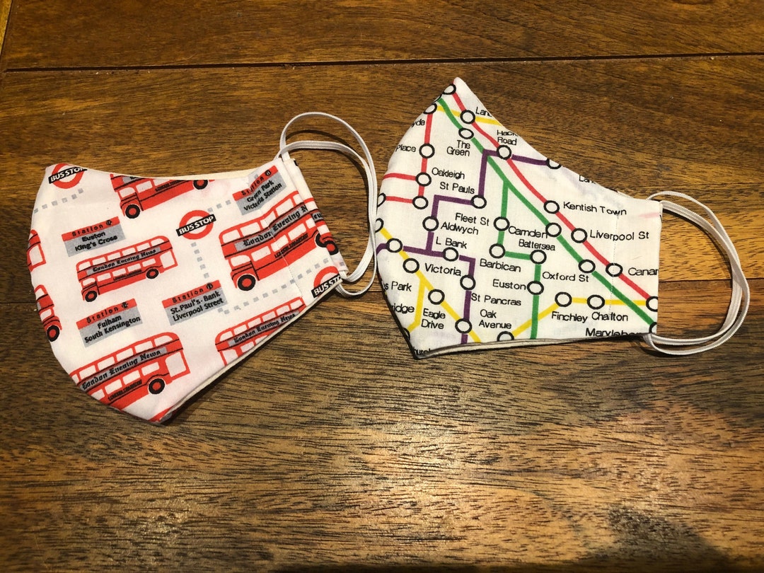 London Tube Map style & London Busses Fitted Face Masks With Elastic ...