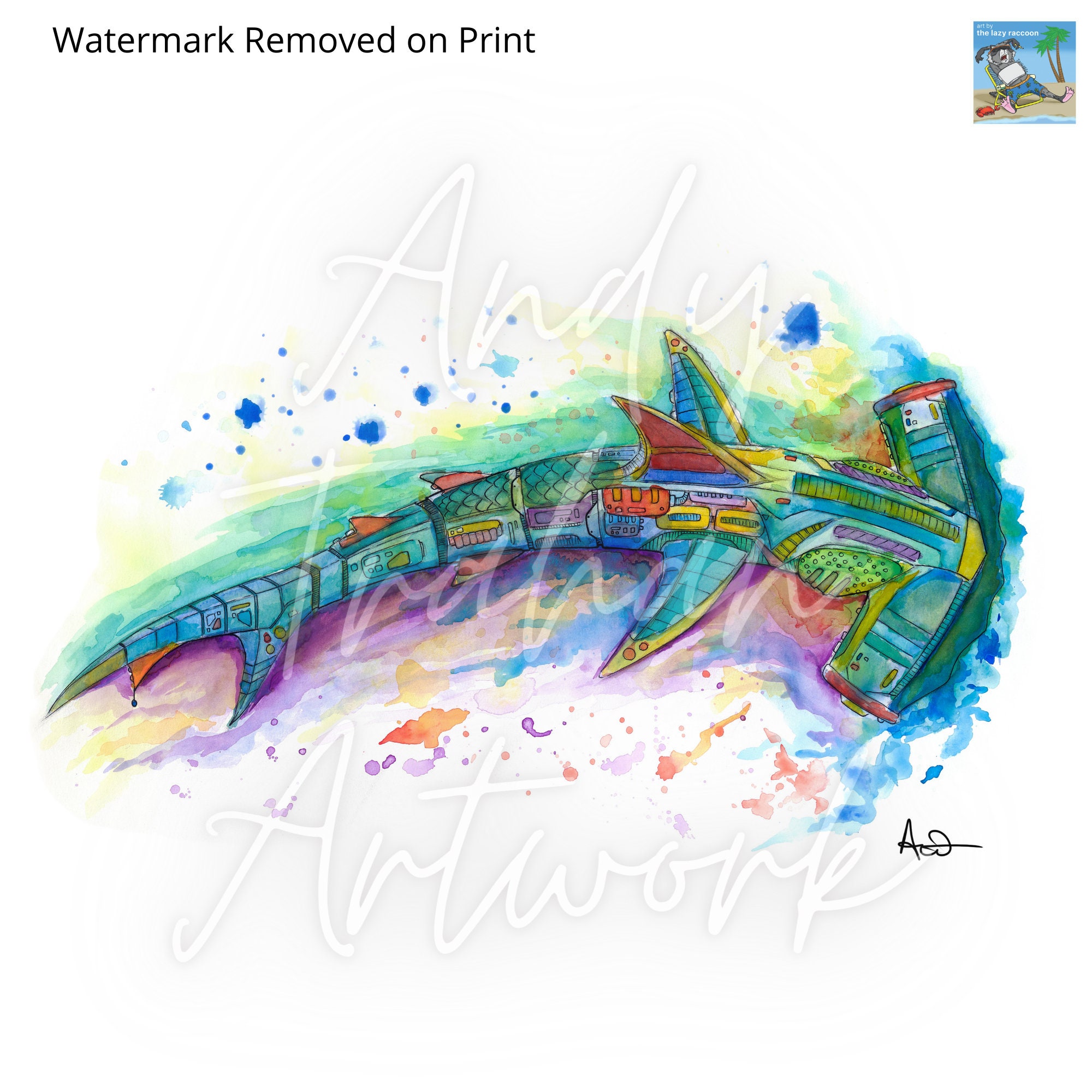 Hammerhead Shark Robot Themed Watercolor Print - Etsy
