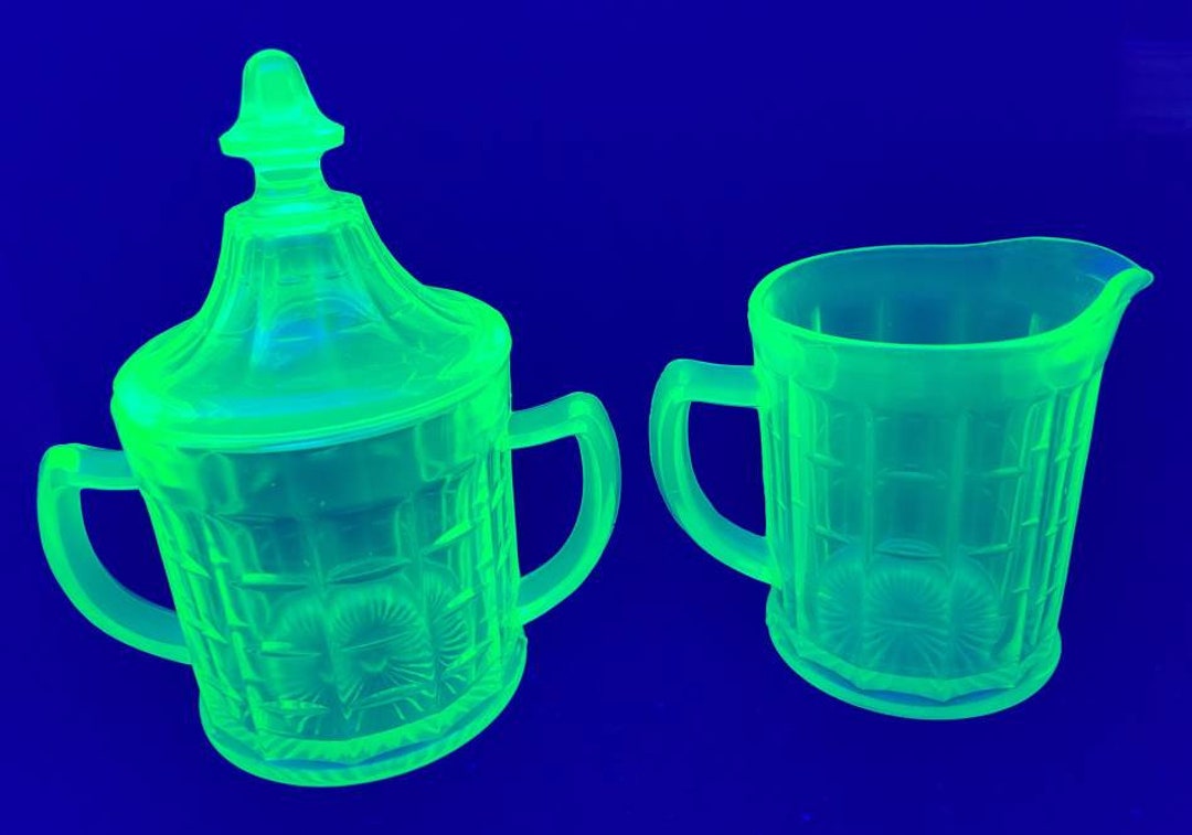 1930's, Hazel Atlas, Colonial Block, Cream, Lidded Sugar, Uranium Glass ...