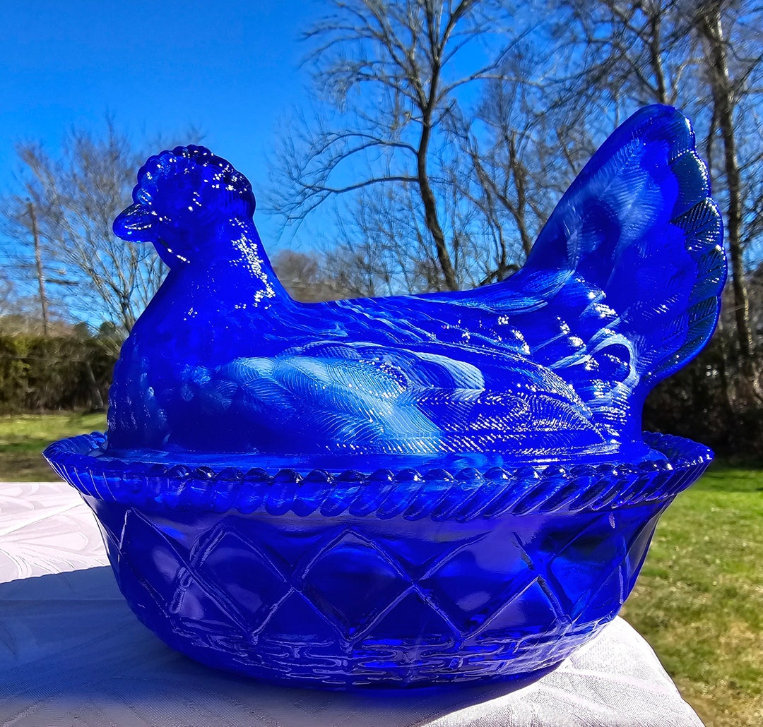 Cobalt, Blue, Slag, Glass, Nesting Hen, Hen on Nest, Covered Chicken ...