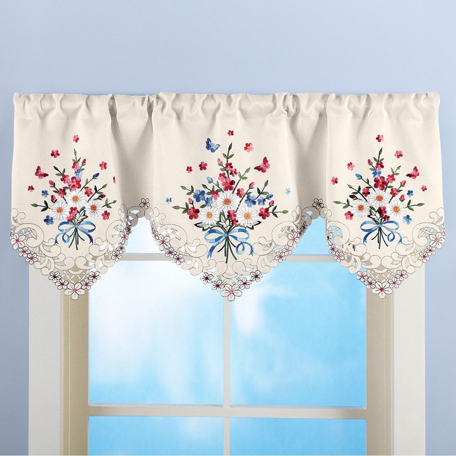 Embroidered Floral Bouquet and Butterflies Window Valance | Etsy