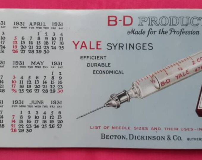 Vintage Yale Syringe Brochure Calendar 1931 Medical - Etsy