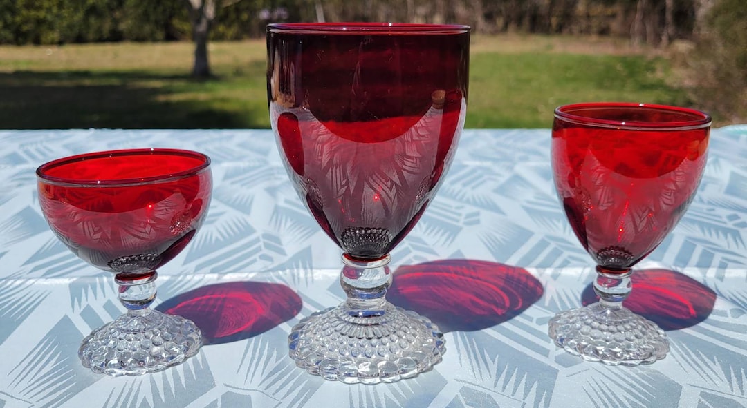 Anchor Hocking, Red Ruby, Bubble Foot, Water Goblet, Liqueur, Cordial ...