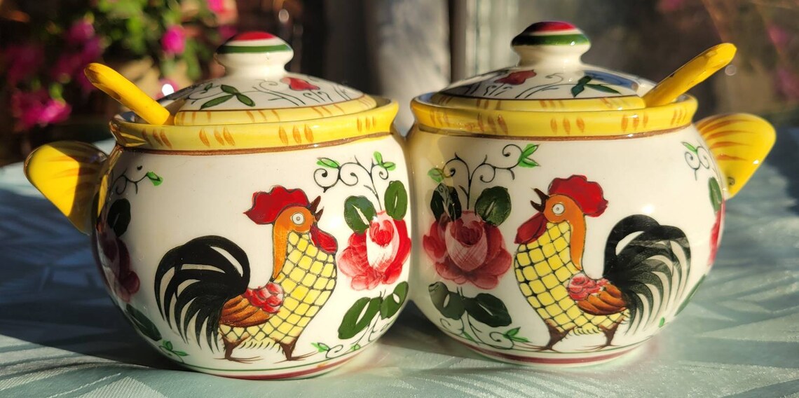 PY Rooster & Roses Double Jam and Jelly Condiment Dish - Etsy