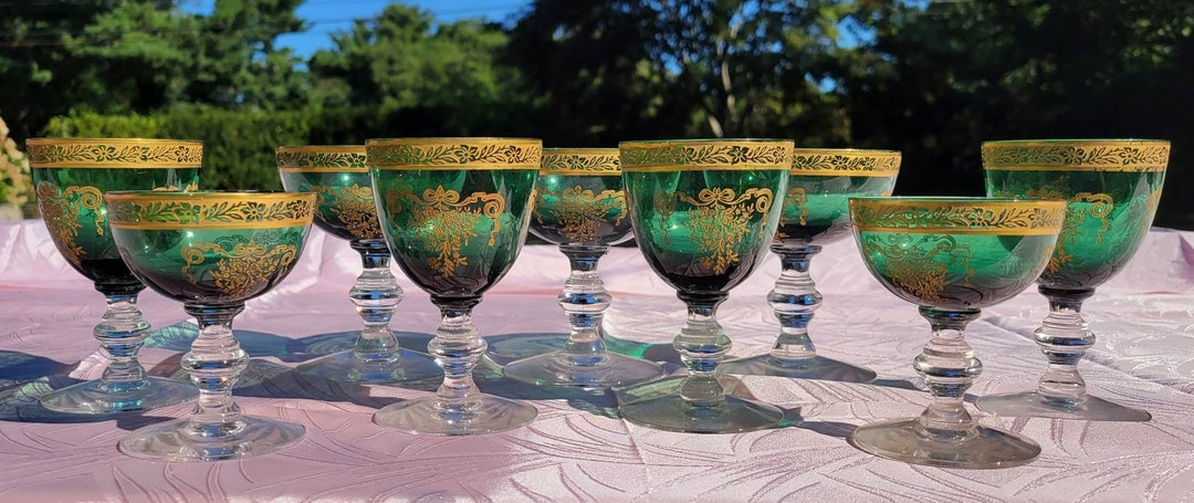 Tiffin Glass, Melrose, Killarney, Green, Gold Encrusted, Stemware, Stem ...
