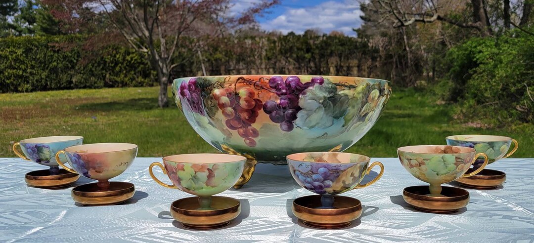 Exquisite, Victorian, Punch Bowl, Set, Hand Painted, Tressemann and ...
